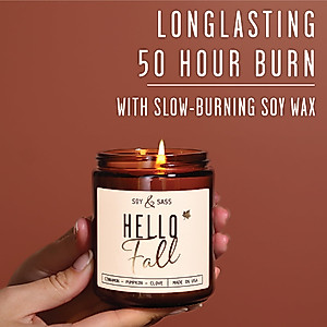 Fall Candles - 'Hello Fall Candle'' Autumn Scented Soy Candles for Home, Fall Scented Candles for Home, Fall Home Décor, 9oz Reusable Jar, 50Hr Burn, Made in USA