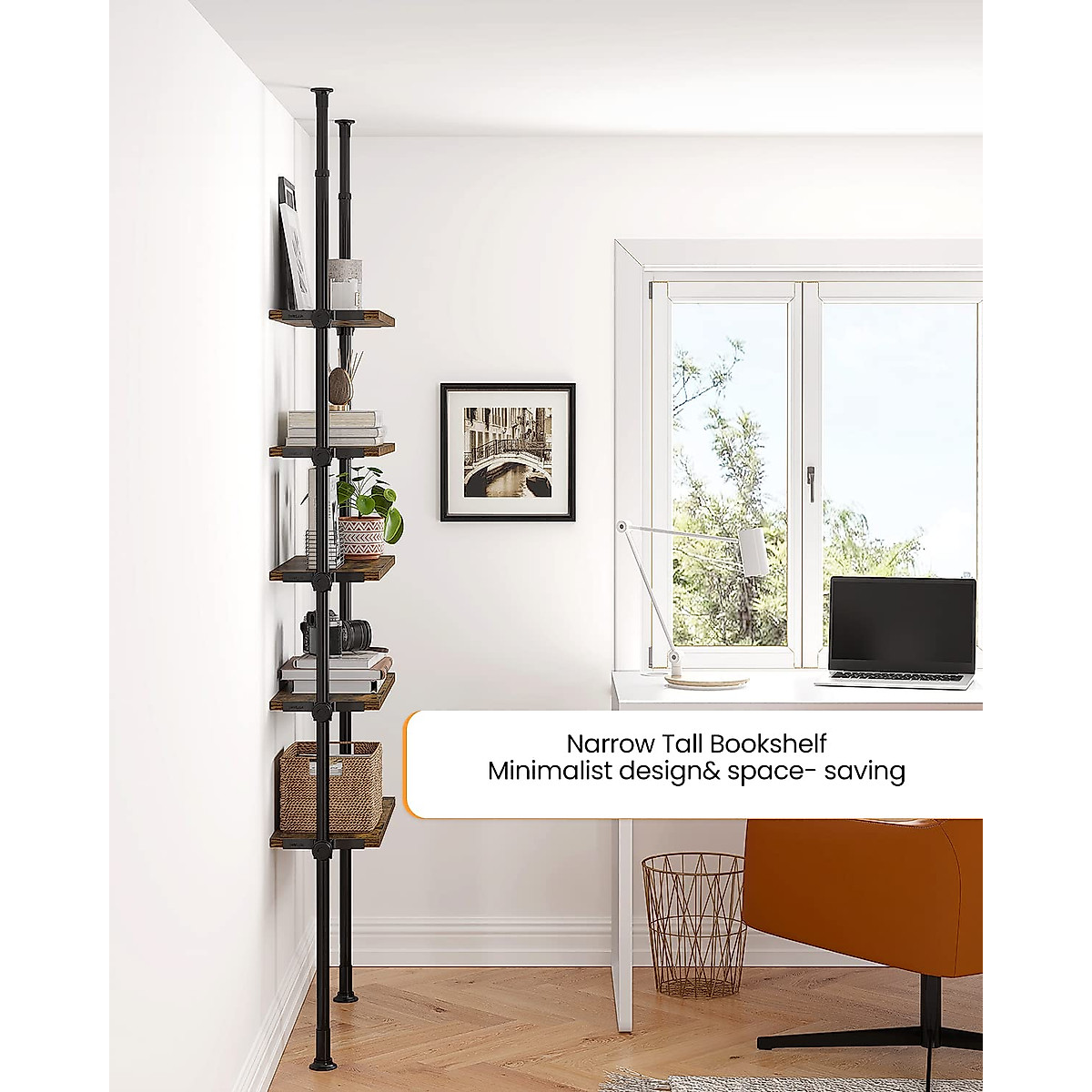 ALLZONE 5 Tiers Narrow Bookshelf, Tall Adjustable Ladder Book Shelf with Open Storage, Floor to Ceiling Tension Mount, Wooden Industrial Bookcase for Living Room, 92 to 116 Inch, Brown