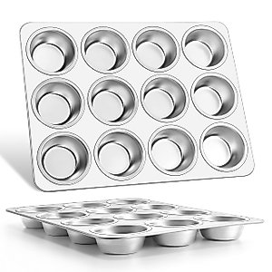 E-far Muffin Pan 12-Cup, Set of 2, Stainless Steel Cupcake Pan Metal Muffin Baking Tins for Oven, Regular Size & Easy Clean, Non-toxic & Dishwasher Safe-2 Pack