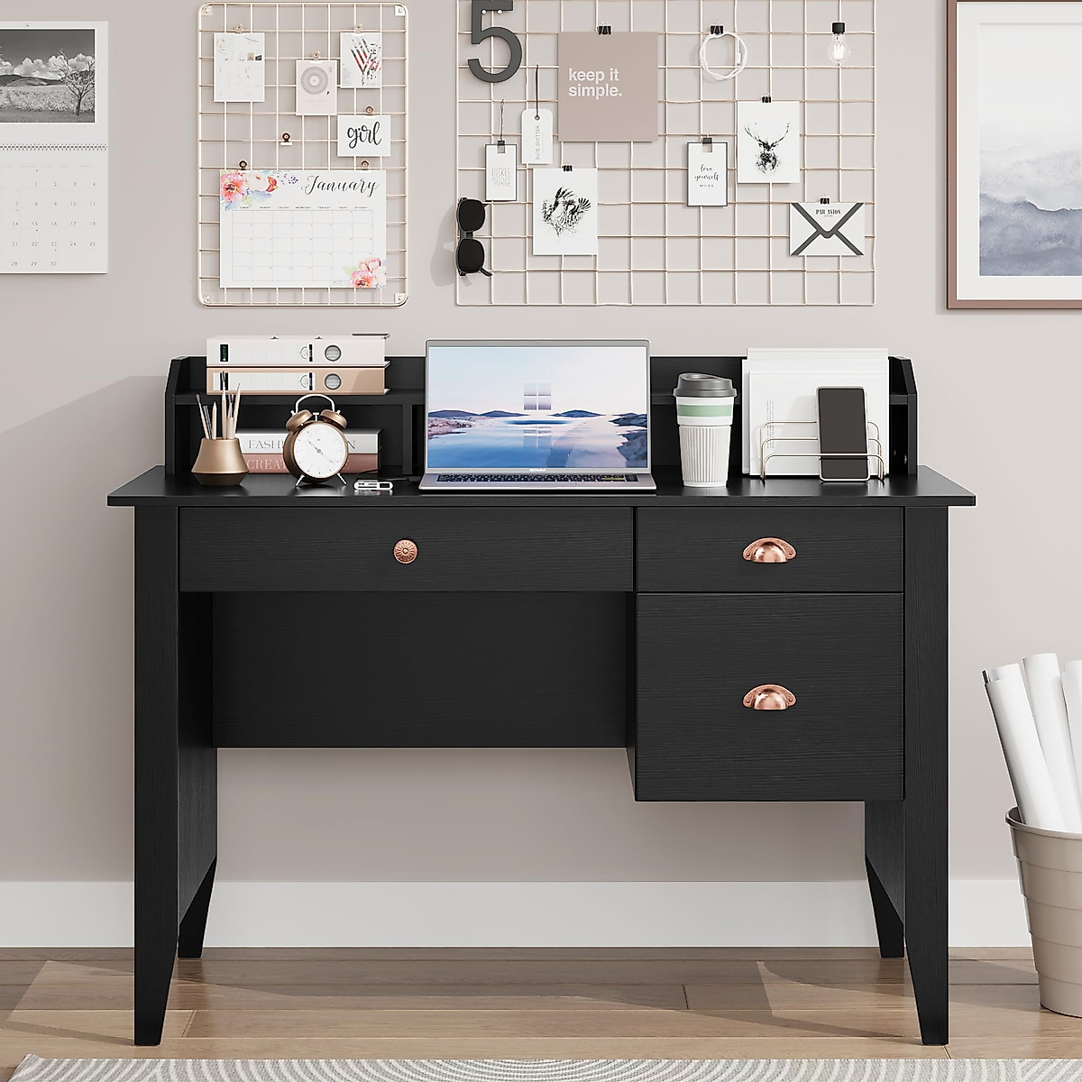 TTVIEW Computer Desk with Storage Drawers & USB Charging Port, Home Office Executive Desk with Hutch Shelf and File Drawer, Writing Study Table with 47" Wide Tabletop for Small Spaces, Black
