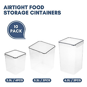Moretoes Cereal Containers Storage, 10pcs Large Plastic Airtight Food Storage Containers with Lids for Spaghetti Flour Sugar, 6.5L/2pk, 5.2L/2pk, 2.5L/5pk
