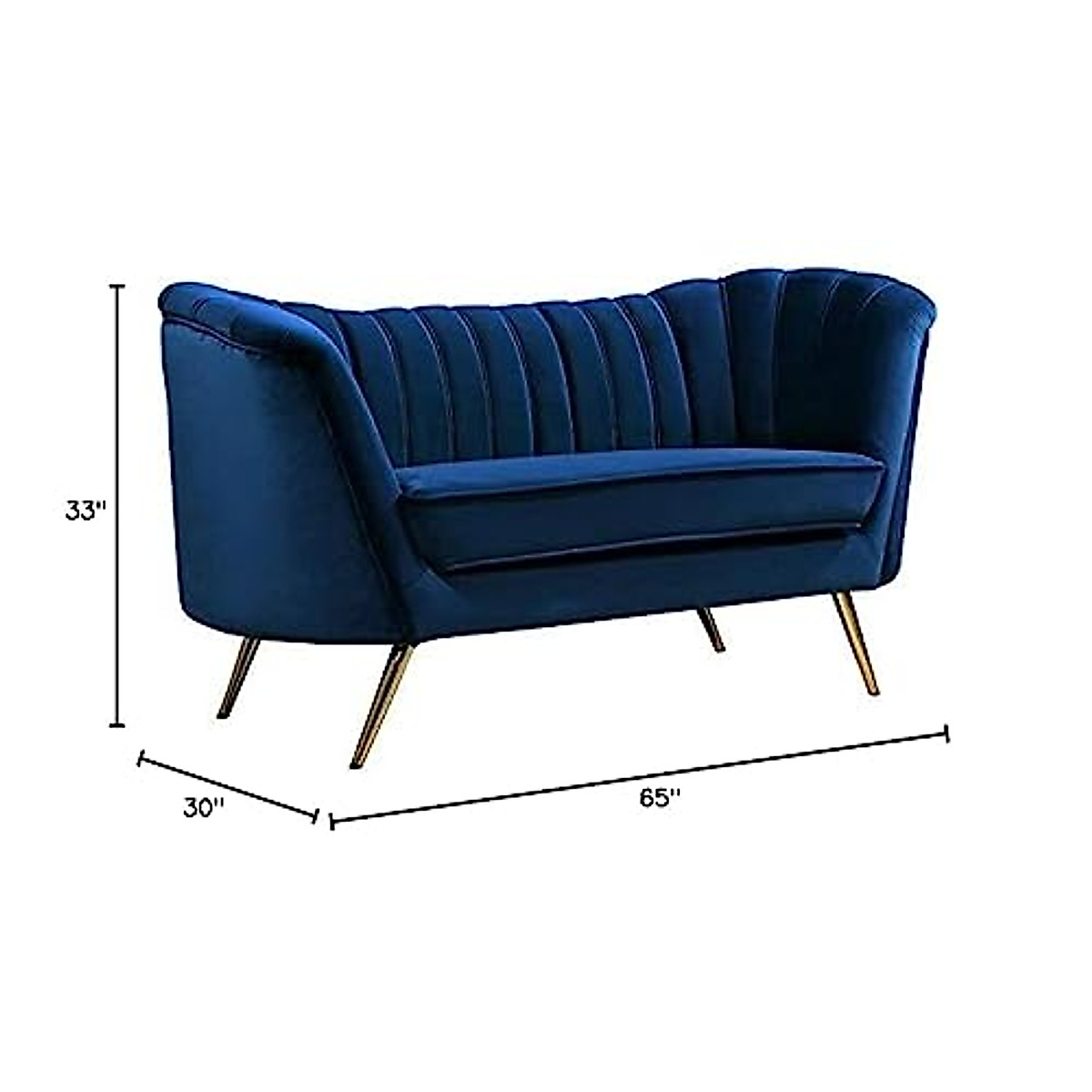 Meridian Furniture Margo Collection Modern | Contemporary Velvet Upholstered Loveseat with Deep Channel Tufting and Rich Gold Stainless Steel Legs, Navy, 65" W x 30" D x 33" H