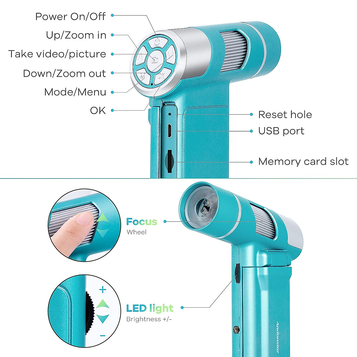 Andonstar AD203 Handheld Digital Microscope, Portable Pocket Microscope for Adults and Kids, USB Microscope Camera, FHD 4-Inch Rotatable Monitor, Coin Magnifier, Windows Compatible, 32GB(Blue)