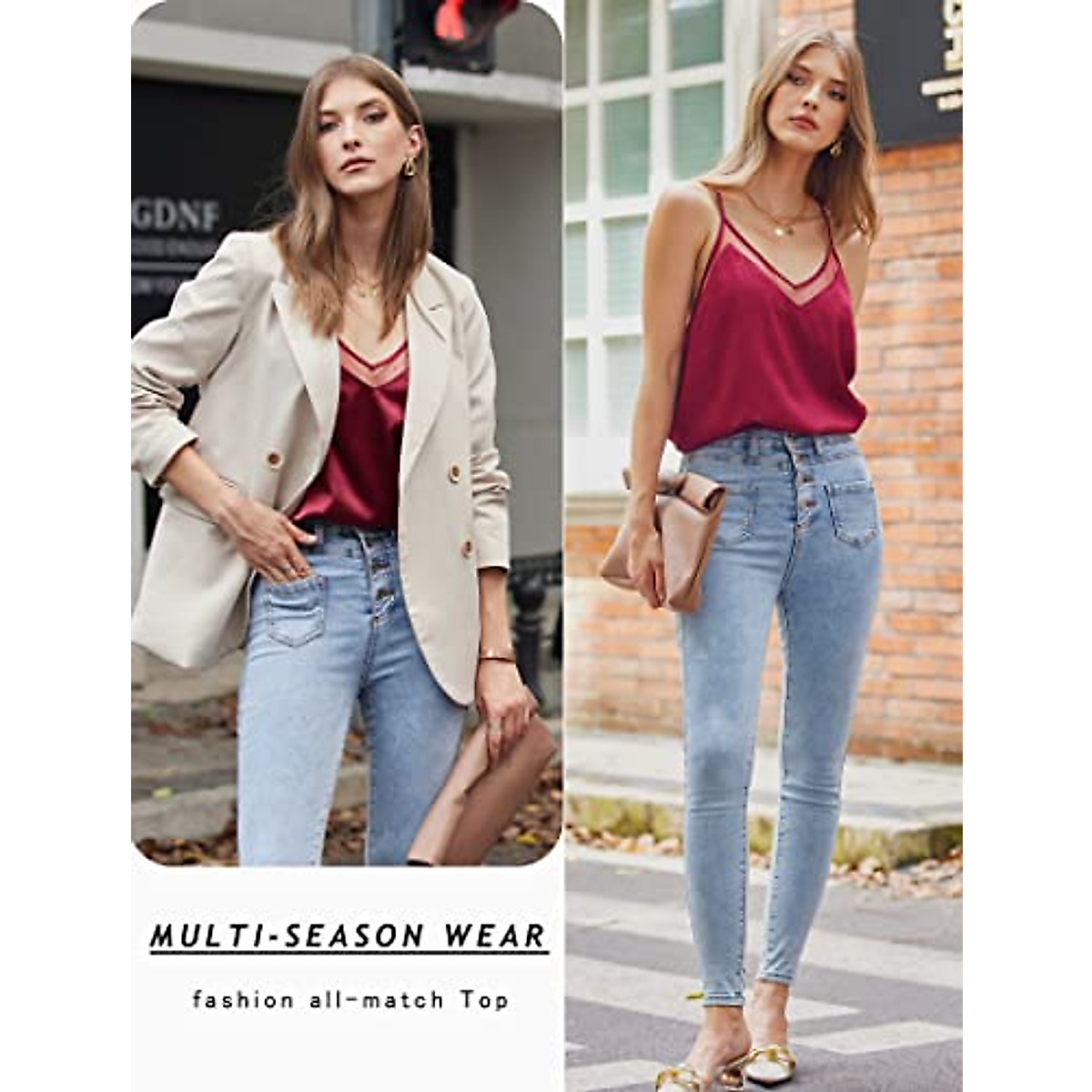 Ekouaer Satin Mesh V Neck Tank Top Women Cami Top Silk Camisole Blouse Red