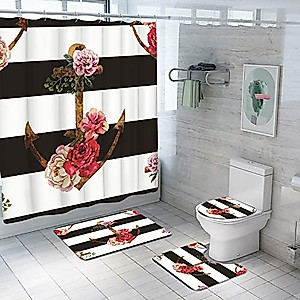 LyerArtork 4Pcs Nautical Shower Curtain Sets with Non-Slip Rug Toilet Lid Cover and Bath Mat Rose Striped Bathroom Curtains with 12 Hooks Washable Fabric Cloth Bathroom Decor