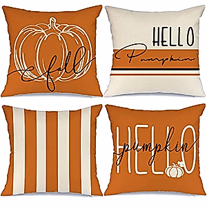 GEEORY Fall Decor Pillow Covers 18x18 Set of 4 Hello Pumpkin Orange Stripes Fall Outdoor Stripes Fall Pillows Decorative Throw Pillows Farmhouse Orange Thanksgiving Cushion Case for Couch Sofa