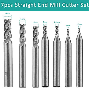 Aracombie 7pcs Straight End Mill Cutter Set, 4-Flute Drill Bit CNC Milling Bit Set, Square Nose HSS End Mill Metric Metal Router Bit Set for Wood Aluminum Steel (1.5mm 2mm 2.5mm 3mm 4mm 5mm 6mm)