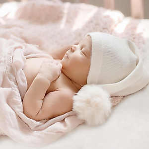 First Landings Cashmere Wool Newborn Hats (2-Pack) Ultra Soft Baby Hats Gift Set - Adorable Long Baby Beanie with Pom Poms - Newborn Photography Props