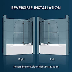 SUNNY SHOWER Frameless Shower Door for Bathtub,Hinged Tub Screen,Tempered Glass Tub Door,48" W x 58" H,Black Finish,Support Bar Included