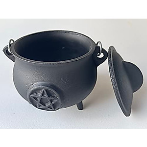 Pentagram Pentacle cast Iron Cauldron with lid and Handle, Witches Cauldron, Great for use with Charcoal Incense, Smudge Sage (Large 5.5 Inches)