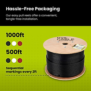 trueCABLE Cat6A Direct Burial, 1000ft, Waterproof, Outdoor Rated CMX, Black, 23AWG Solid Bare Copper, 750MHz, PoE++ (4PPoE), ETL Listed, Unshielded UTP, Bulk Ethernet Cable