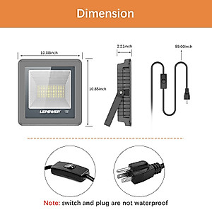 LEPOWER 100W LED Flood Light, 10000lm Work Light with Plug, Equiv 500W Halogen, 6000K White Light, IP66 Waterproof Outdoor Floodlight for Garage, Garden, Lawn, Basketball Court, Playground 2 Pack