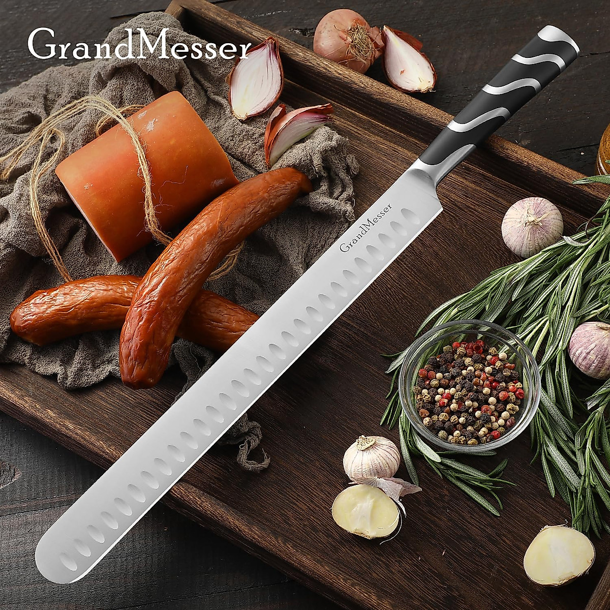 GrandMesser Carving Knife, 12 Inch Slicing Knife for Meat, Premium German Steel Brisket Knife with ABS Handle, for BBQ Brisket Turkey Ham Rib Roast Beef with Sharpener.