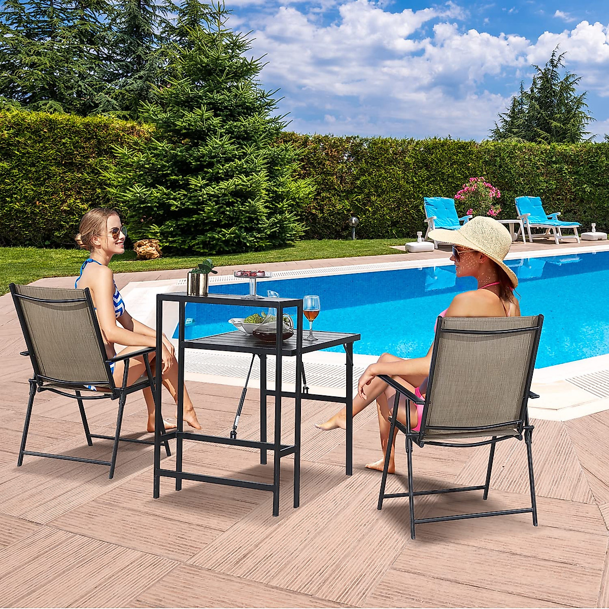 Ohuhu Patio Bistro Set 3 Piece Outdoor Folding Furniture Conversation Sets Foldable Coffee Table Chairs, 2-Tier Dining Table Set Space-Saving for Porch Balcony Yard Garden Lawn Pool Side Apartment