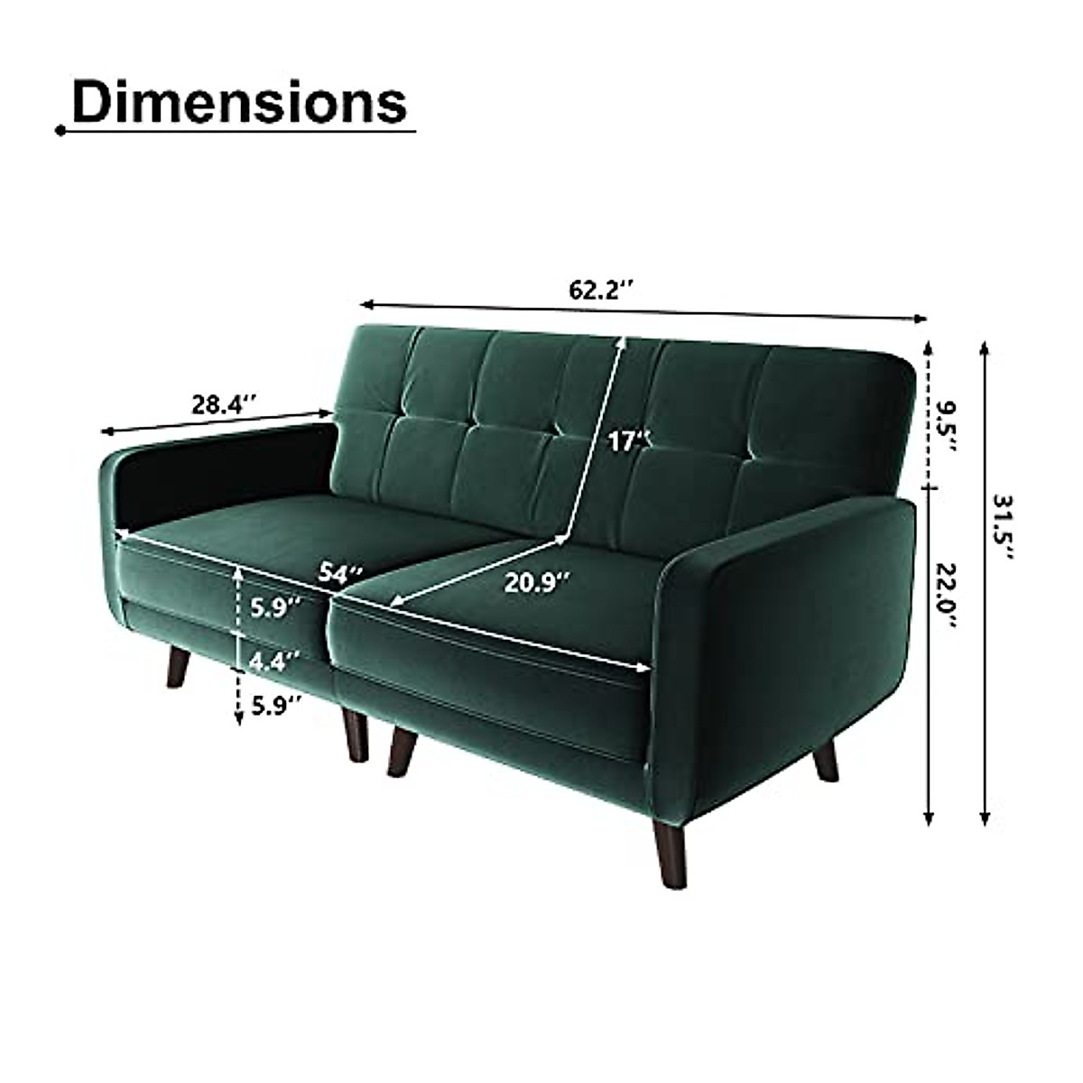 HONBAY Velvet Fabric Loveseat Sofa Tufted 2-Seats Sofa with Wood Legs Upholstered Loveseats for Small Space, Emerald Green