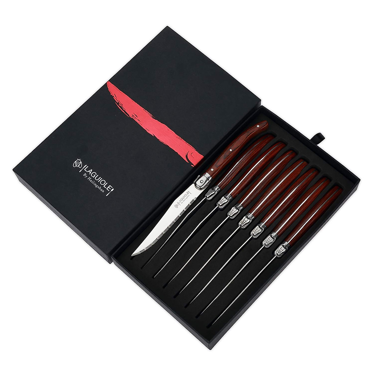 Laguiole by Hailingshan Steak knives Serrated Edge Sharp Light Premium Dishwasher Safe Stainless Steel knife set of 8 wood handle with Gift Box