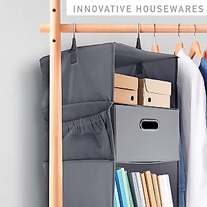 Closet Organizer Hanging Shelves, 6 Shelf Closet Storage with 5 Storage Drawers & Purpose Made Pockets, Jewelry Shoe Organizer Drawer Organizers, Perfect for Organization and Storage (Dark Grey)