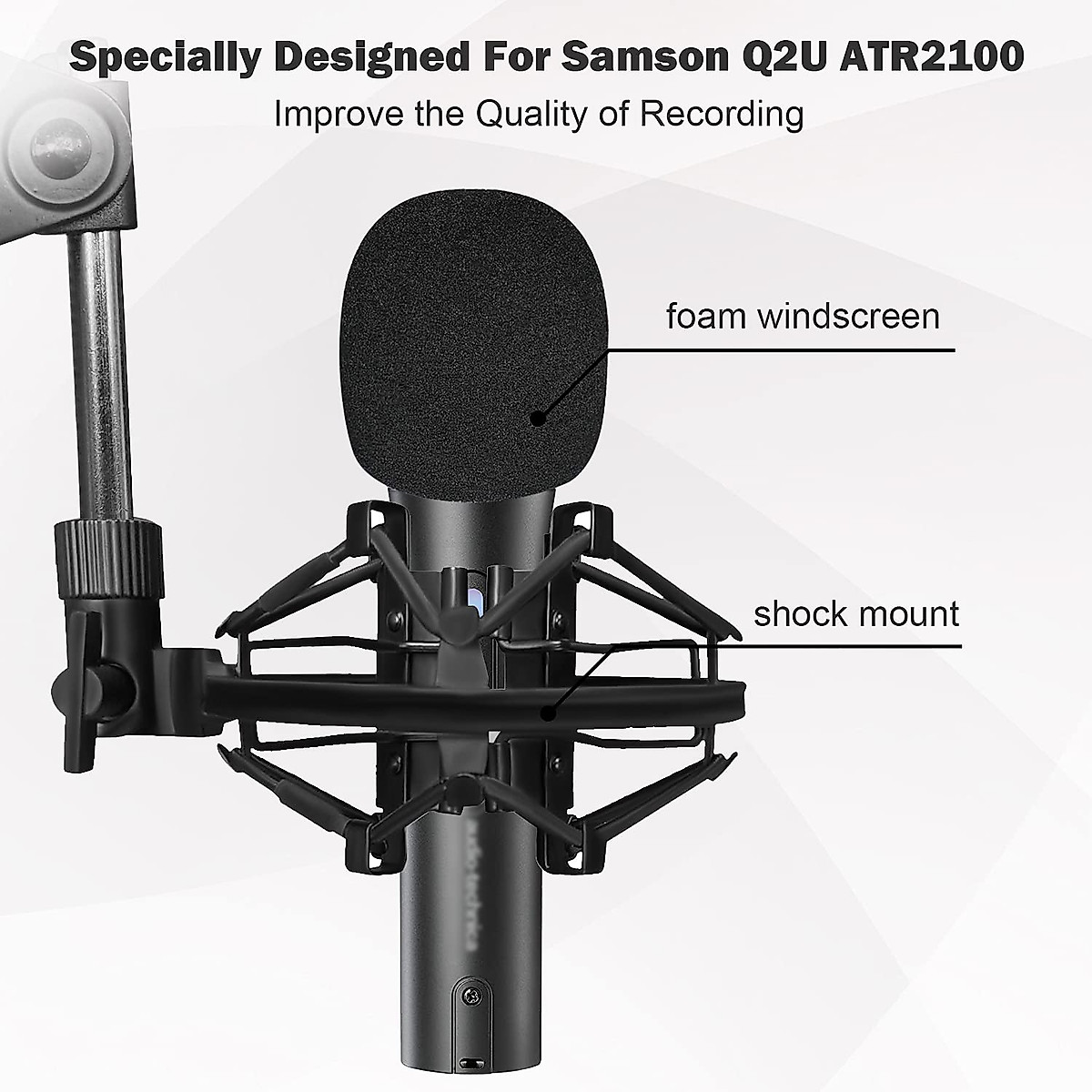Mictop Q2U USB/XLR Microphone Shock Mount, Microphone Mic Holder with Foam Windscreen for Samson Q2U, ATR2100-USB Microphone, Anti-Vibration Shock Mount with Pop Filter for Reduce Vibration and Noise