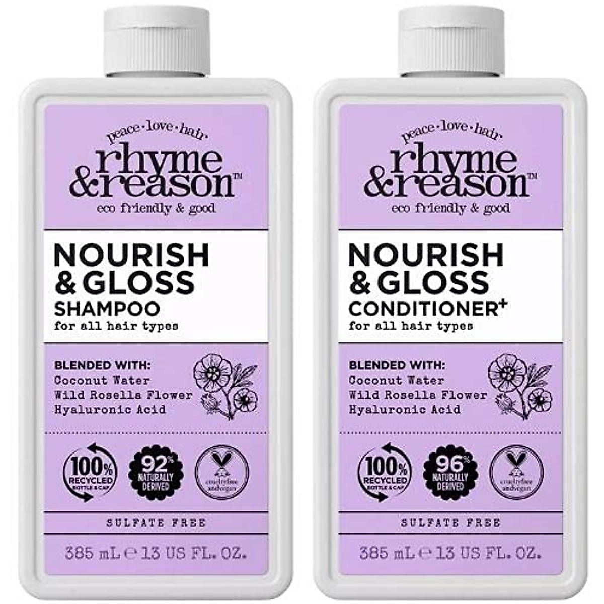 Rhyme & Reason Nourish and Gloss Shampoo and Conditioner SET. 13 Fl. Oz. Formulated with Coconut Water, Wild Rosella Flower and Hyaluronic Acid. For Healthy, Smooth and Naturally Glowing Finish.