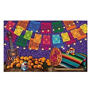 Allenjoy Mexican Fiesta Theme Backdrop for Photography Purple Day of The Dead Party Background Cinco de Mayo Colorful Flags Holiday Wall Banner Decor Baby Shower Decoration Photo Booth Props