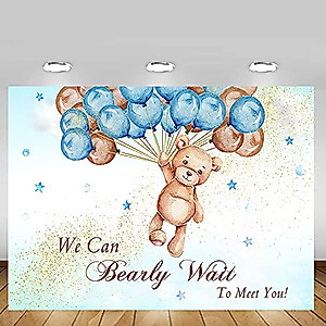 MEHOFOND 7x5ft Bear Boy Baby Shower Backdrop We Can Bearly Wait to Meet You Blue Brown Balloons Gold Glitter Photography Background Party Banner Cake Table Decor Photo Booth Props Supplies