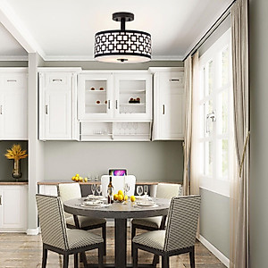 Sheenkarion Black Semi Flush Mount Ceiling Light,Modern Ceiling Drum Lighting Fixtures with Round Metal and Glass Shade for Bedroom Hallway Kitchen Dining Living Room Foyer Entry