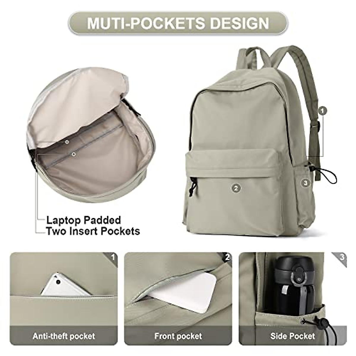 PAUBACK Green School Backpack for Girls Water Resistant High School Book Bag Simple Backpack for Teens Boys Girls, Lightweight Simple Middle School Back Pack Daypack