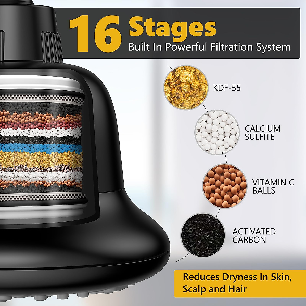 DAKINGS Filtered Shower Head, High Pressure 16-Stage Shower Head Filter for Hard Water Luxury 7 Settings Adjustable Water Softener Shower Head Remove Chlorine and Harmful Substances