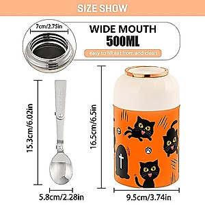 CUPADA Black Cat Footprints Food Jar, Kitten Cartoon Lovely Insulated Hot Food Jars Vacuum 17OZ with Folding Spoon for Work Trip Picnic Camping