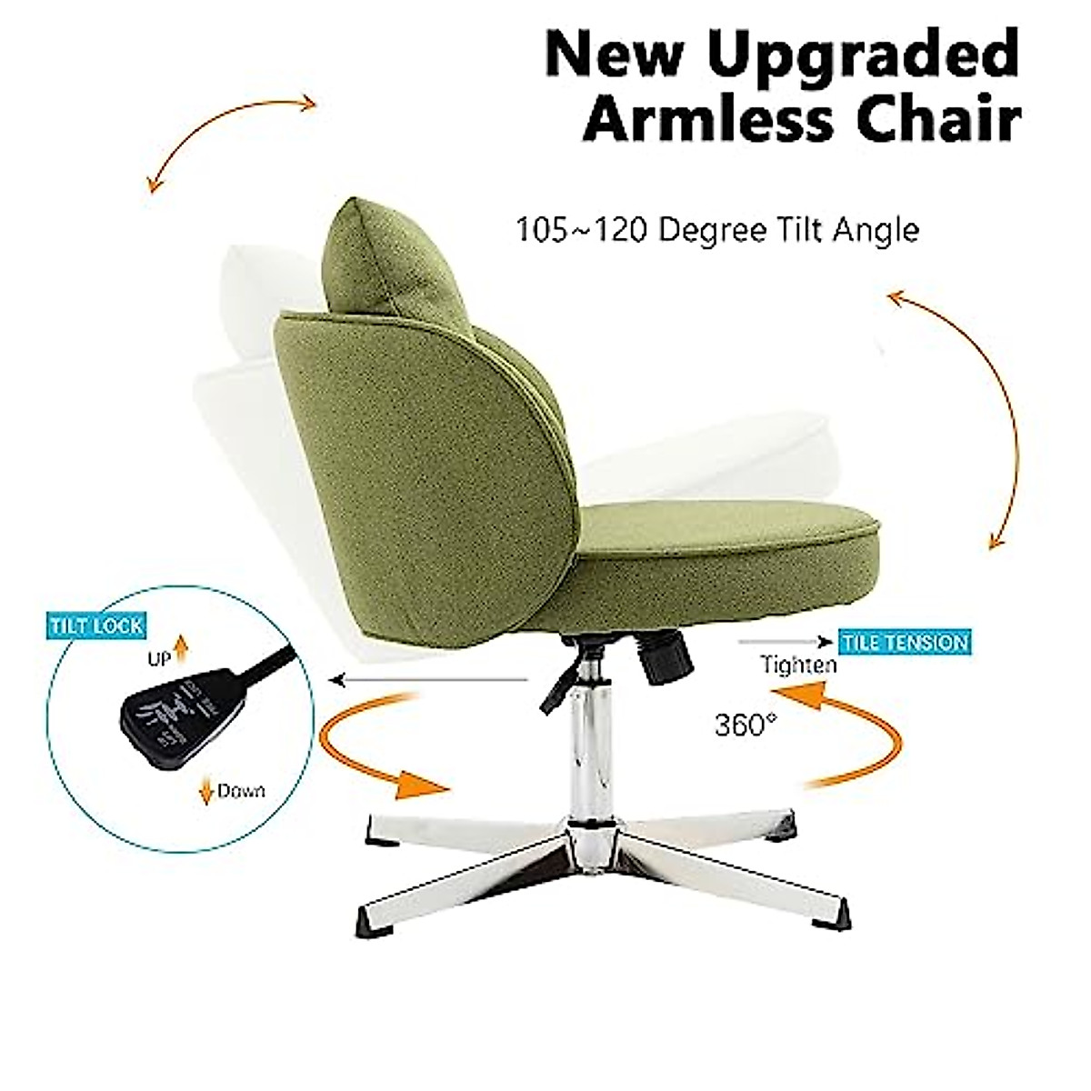 Pvillez Office Desk Chair No Wheels Polyester Fabric Armless Home Office Desk Chair Office Chair Vanity Chair Adjustable Swivel Home Office Computer Chair Task Chair w/Pillow&Silver Base (Green)