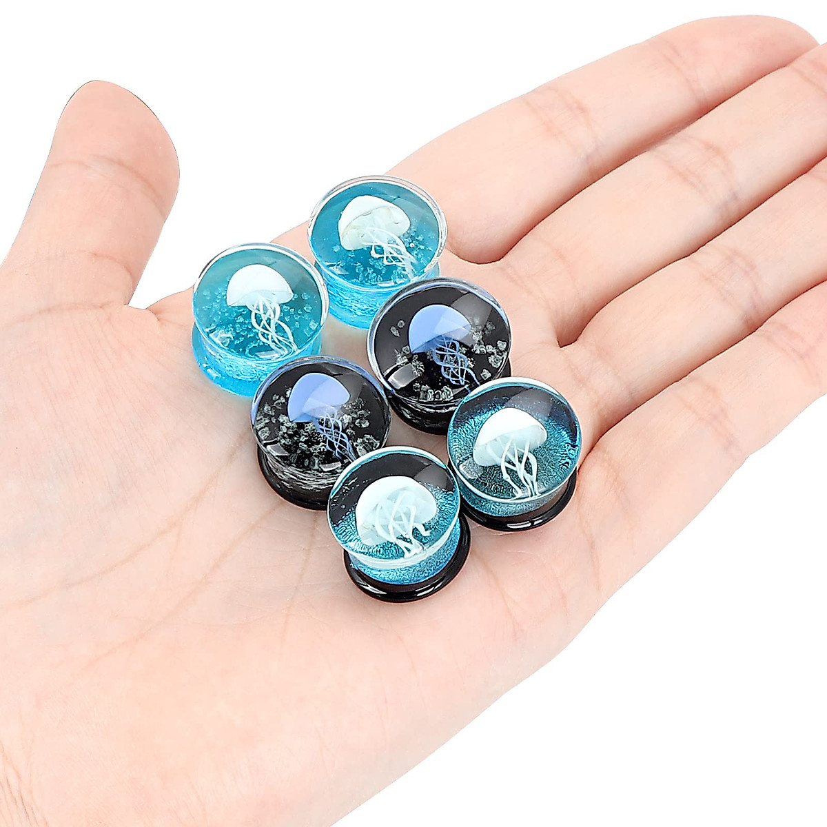 Qmcandy 6pcs Glass Gauges Jellyfish Saddle Ear Plugs Stretching Piercing Gauges 0g