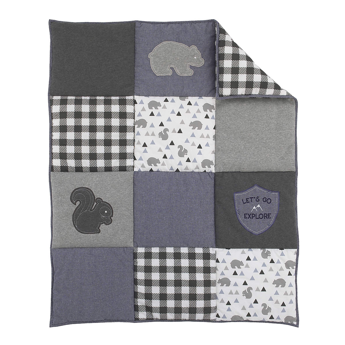 NoJo Mountain Patchwork - Grey, Denim, Slate Blue, Charcoal 4 Piece Nursery Crib Bedding Set- Comforter, 100% Cotton Fitted Crib Sheet, Dust Ruffle, Baby Blanket