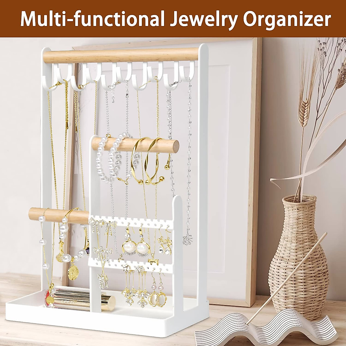 MetWoods Jewelry Holder Organizer with Earring Tray and 10 Hooks, 4 Tier Necklace Holder Display for Earrings Watches Bracelet Rings (White)