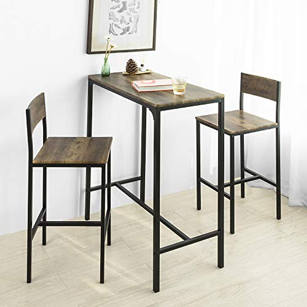 Haotian 3 Piece Bar Set, 1 Bar Table and 2 Stools, 3 Pieces Dining Set, Home Kitchen Breakfast Bar Set, Furniture Dining Set, Natural OGT03-XL
