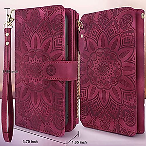 Harryshell Detachable Magnetic Zipper Wallet Leather Case with Cash Coin Pocket 12 Card Slots Holder Wrist Strap Lanyard Compatible with Google Pixel 6A 5G (2022) (Flower Wine Red)