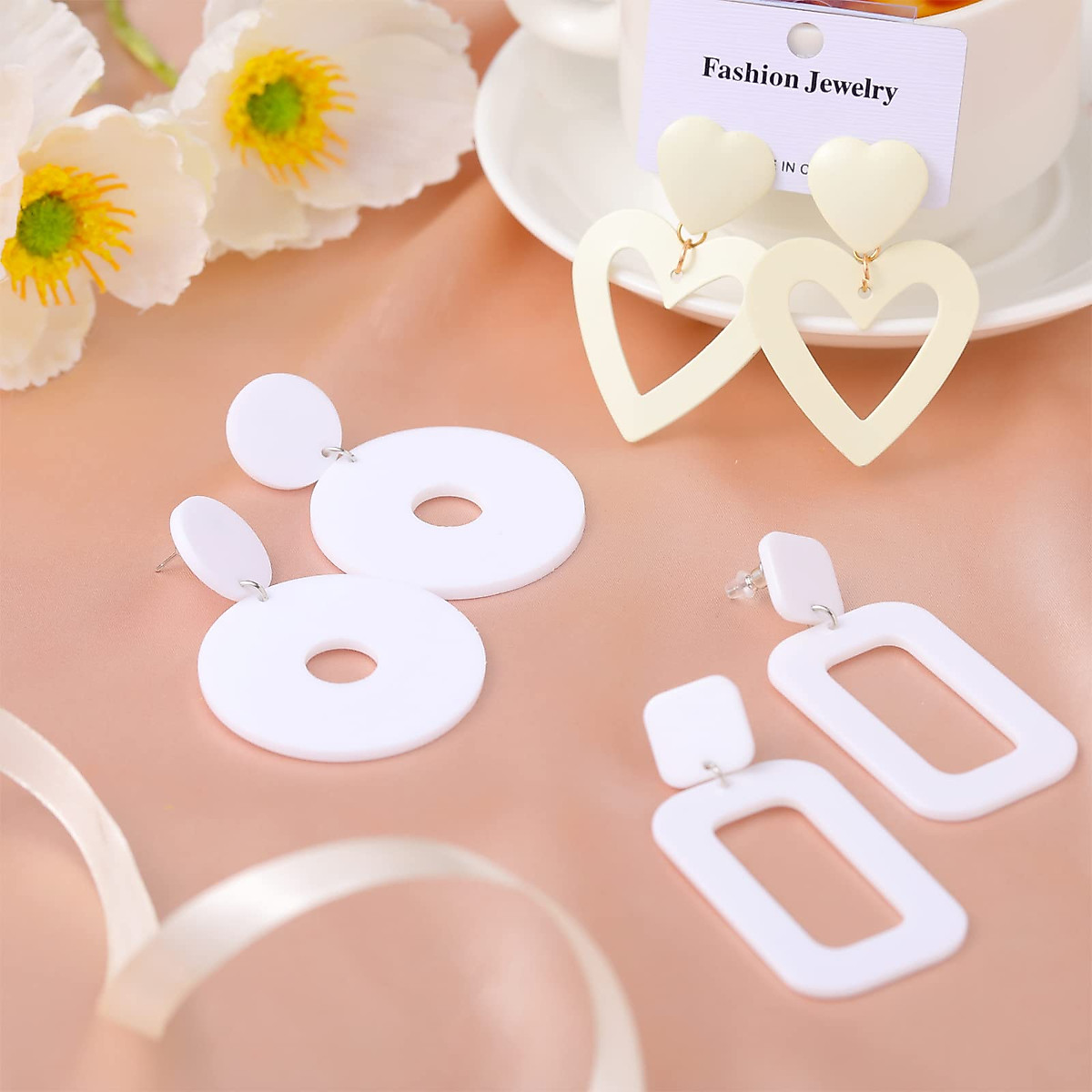 3 Pairs Retro Acrylic Earrings 70s 80s Outfit Costume Accessories Double Love Heart Halloween Christmas Dangle Earrings Disco Ball Neon Earrings for Women Gifts