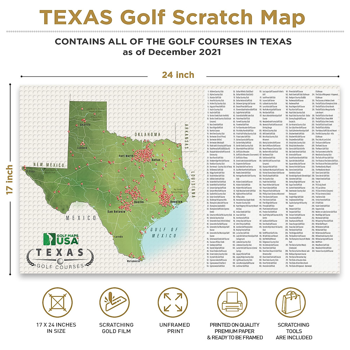 Golf Maps USA Texas State Golf Scratch Map with 263 Courses - Scratch-Off Golf Print with Eye-Catching Red Flags - Golfing Wall Decor - Unique Poster Gift for Golfers (Updated June 2023)