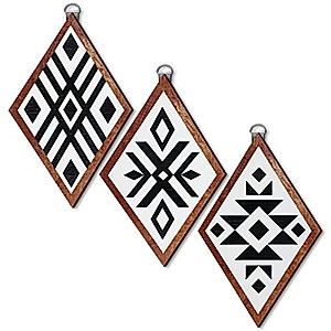 3 Pcs Western Farmhouse Home Wall Decor Wooden Boho Aztec Southwestern Wall Art Black White Hanging Modern Home Decor Geometric Sign Frame Rustic Wood Prints for Bedroom, 12 Inch (White Background)