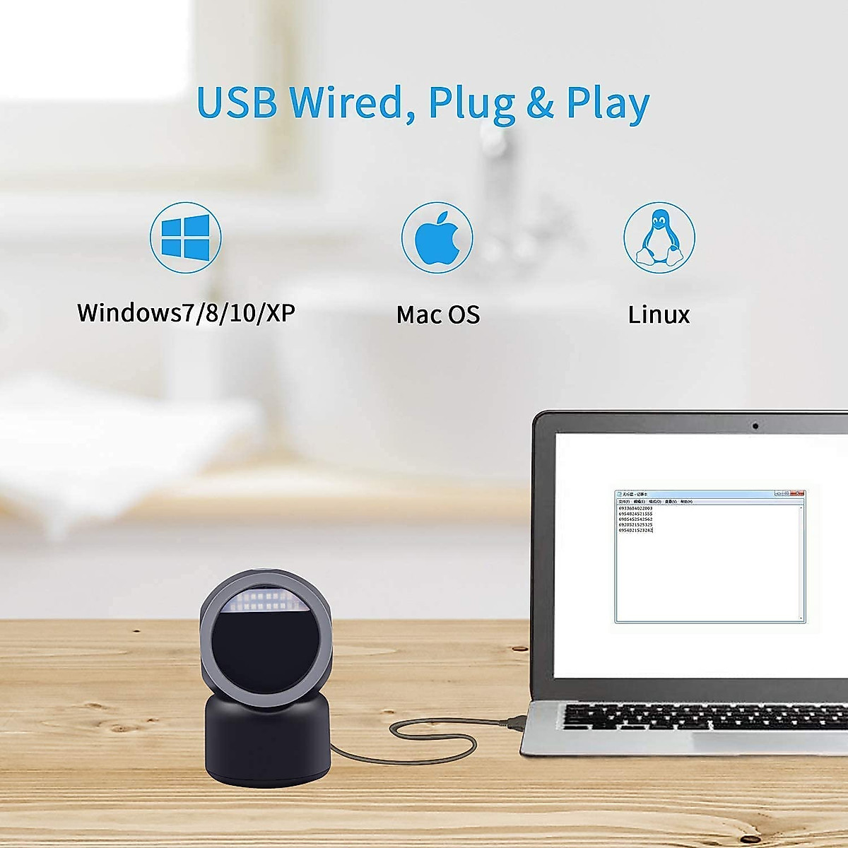 Alacrity 2D 1D QR Desktop Barcode Scanner, Omnidirectional Hands Free USB Wired Barcode Reader, Capture Codes on Screen, 3300DW, Black