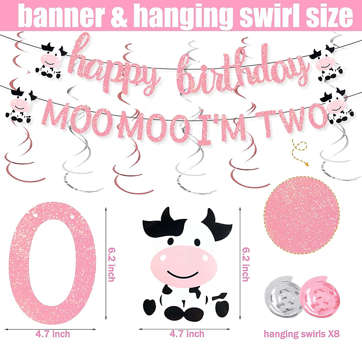 134 PCs Moo Moo I’m Two Birthday Decorations, Fiesec Cow 2nd Birthday Party Supplies for Girls Hanging Swirl Balloon Garland Arch Glitter Banner Cake Cupcake Topper Cow Print Pink White Black