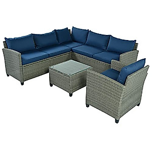 EMKK Outdoor Patio Furniture Conversation Set 5 Pieces All Weather PE Wicker Rattan Sectional Sofa Couch with Cushions and Glass Table for Lawn, Backyard, Garden, C-Blue