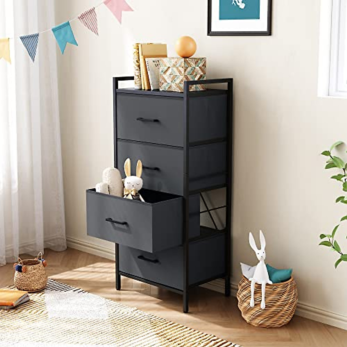 LINSY HOME 4 Drawer Dresser for Bedroom, Tall Dressers Storage Drawers, Tower Organizer Unit for Hallway, Entryway, Closets, Sturdy Steel Frame, Wood Top