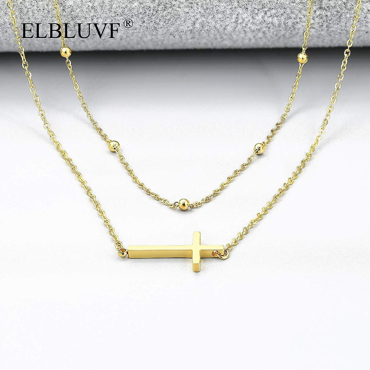 ELBLUVF Stainless Steel Gold Rose Gold Silver Plated Dainty Beads Sideways Cross Double Layers Necklace For Women (Gold 2 layers cross)
