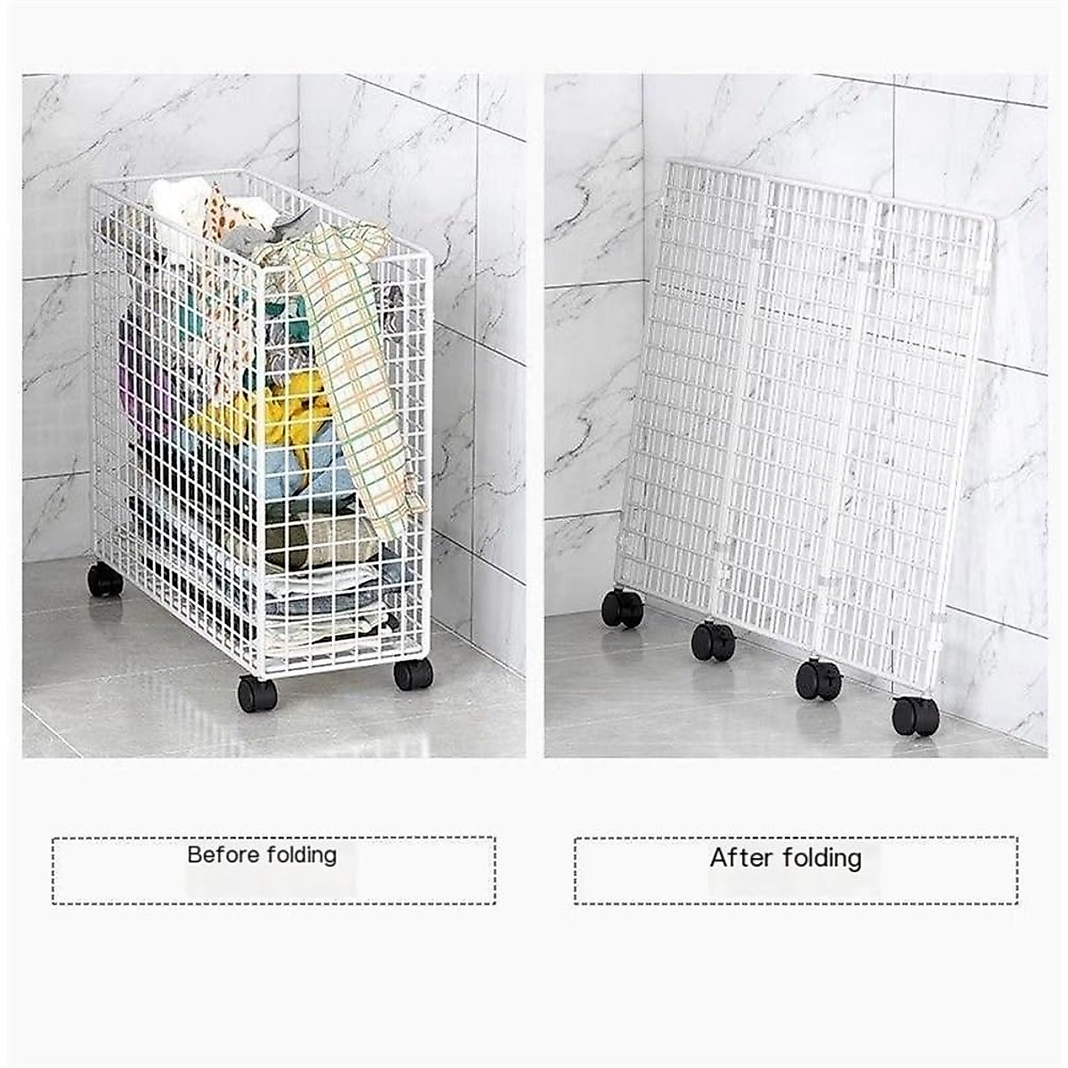 MAGUZA Iron Wire Laundry Hamper, Collapsible Clothes Hamper with Hooks and Baskets, Metal Rolling Laundry Cart for Bathroom (Color : Golden, Size : 38 * 20.5 * 53cm)