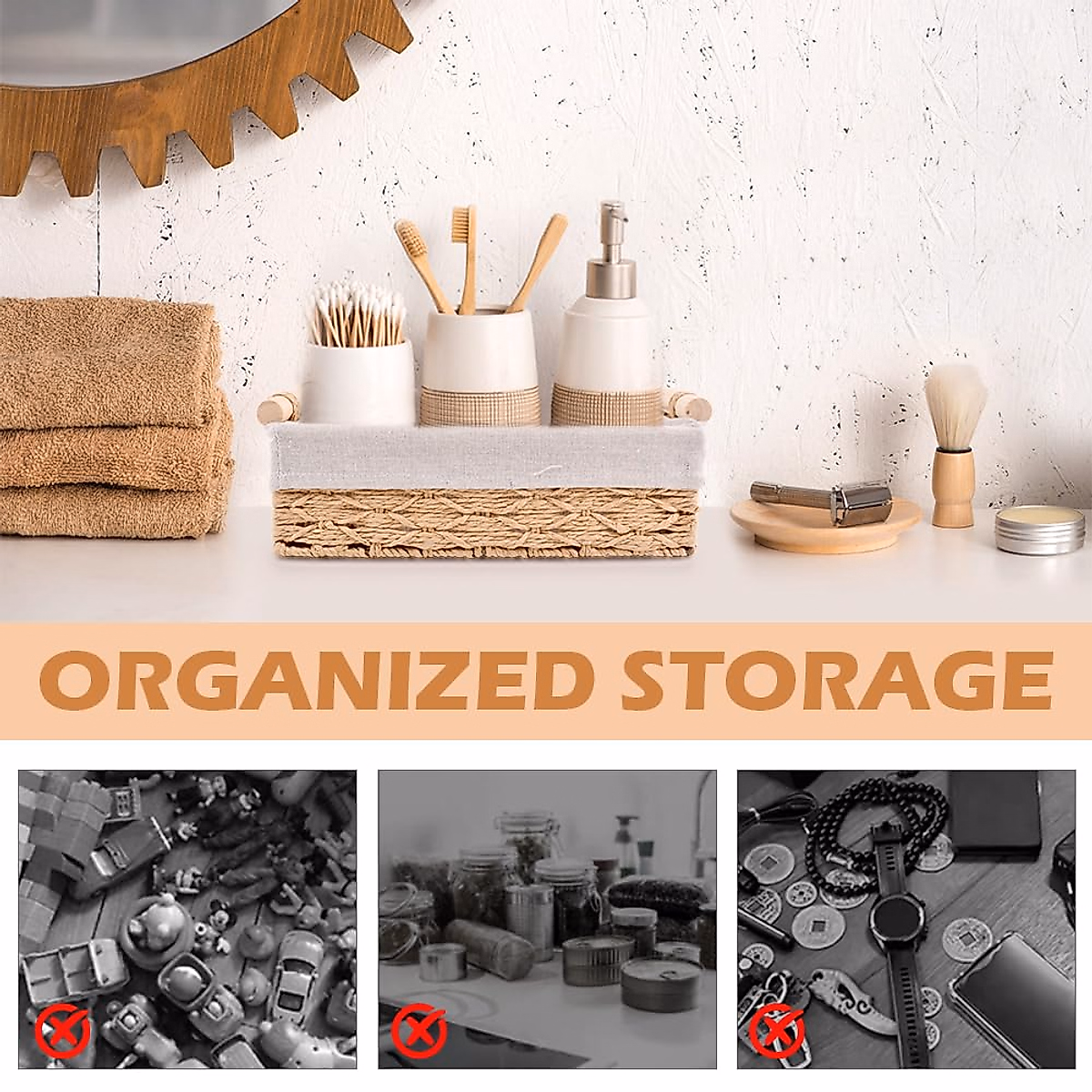 Small Baskets for Organizing,Decorative Water Hyacinth Wicker Storage Basket for Shelves,Toilet Paper Storage Baskets for Bathroom,Living Room,Entryway,Set of 2(Color:Wood)