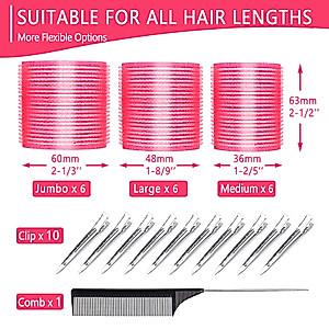 2.3 Inch Hair Rollers for Long Medium Short Hair, Self Grip Heatless Large Hair Curlers for Women With 10 Hair Clips & 1 Rat Tail Comb (2.3/1.9/1.4 Inch) Pink