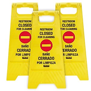 Restroom Closed for Cleaning Bilingual Floor Sign,Double-Sided, Portable, Plastic Yellow Bilingual Bathroom Notice in English and Spanish,Business Supplies for Janitor and Housekeeping (3-pack)
