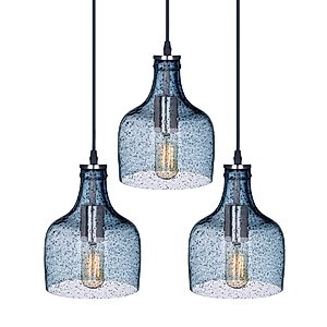 CASAMOTION Pendant Lights Kitchen Island Table Hand Blown Blue Glass Pendant Lighting Dining Room Black Marble Seeded Modern Ceiling Hanging Fixtures Brushed Nickel 8.2 Inch Height 3 Pack