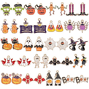 MARFOREVER 40 Pcs/20 Pairs Halloween Charms, Enamel Halloween Charms Bulk Pumpkin Bat Skeleton Witch Spider Candy Charm Pendants for Jewelry Bracelet Necklace Making