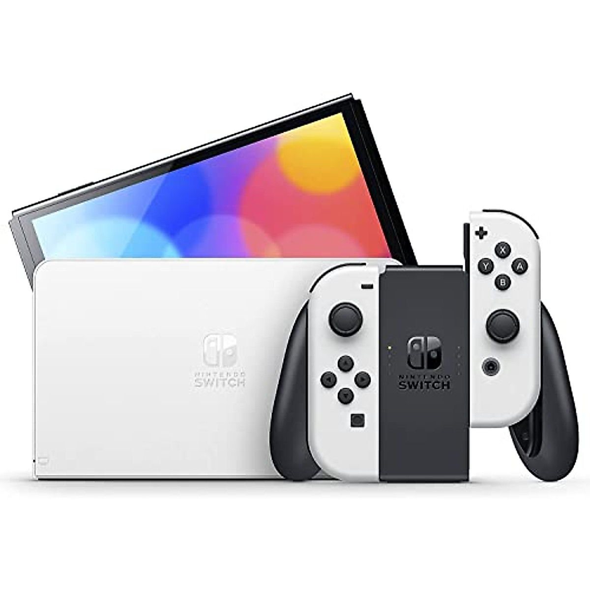 PURTCH Newest 2022 Model Switch OLED Display with White Controllers and Dock - 7" 1280 x 720 OLED Touchscreen Display, 64GB Internal Storage, 802.11AC WiFi, Bluetooth 4.1, Ethernet, Type-C